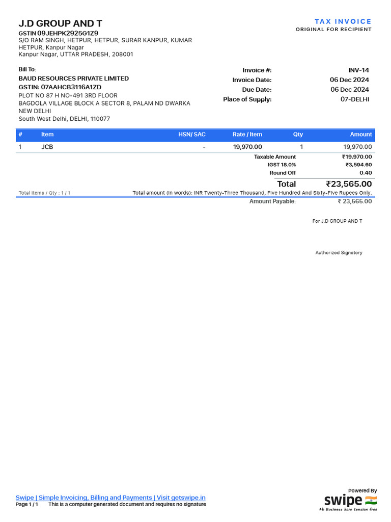 INV 14 For BAUD RESOURCES PRIVATE LIMITED | PDF | Payments