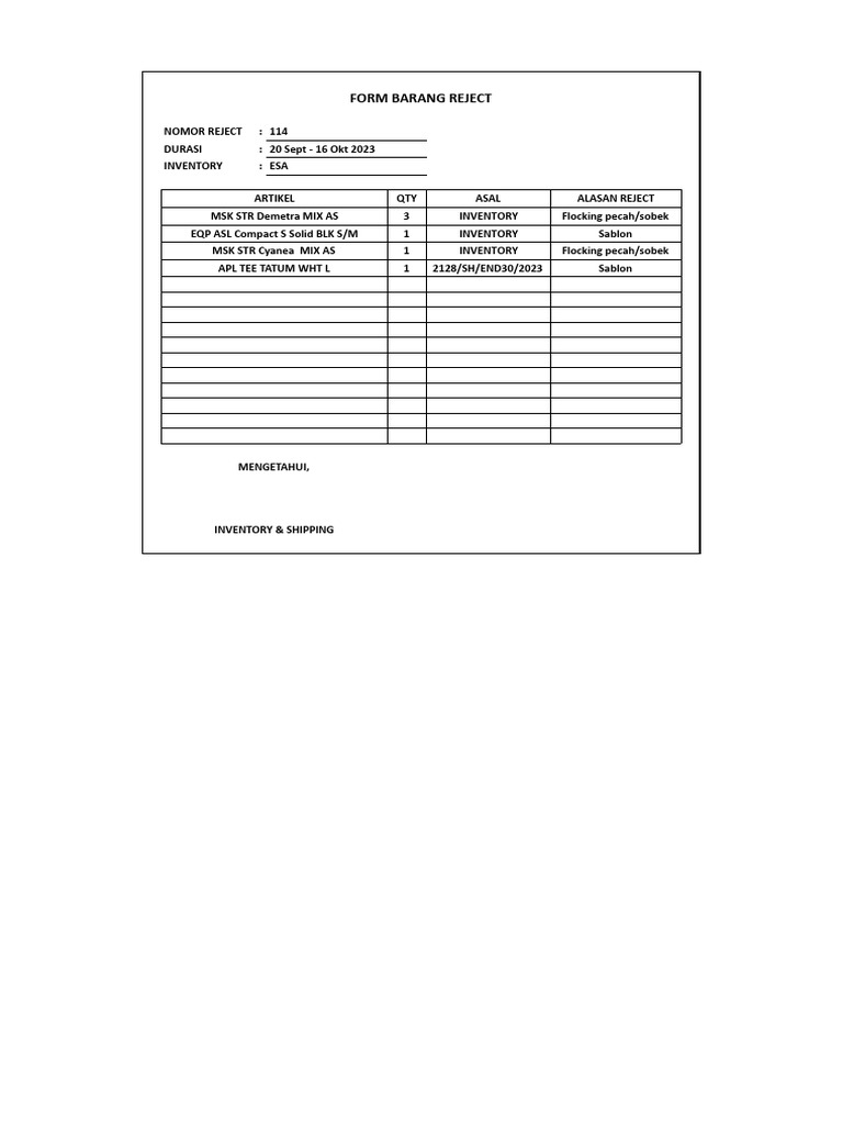 Form Barang Reject | PDF