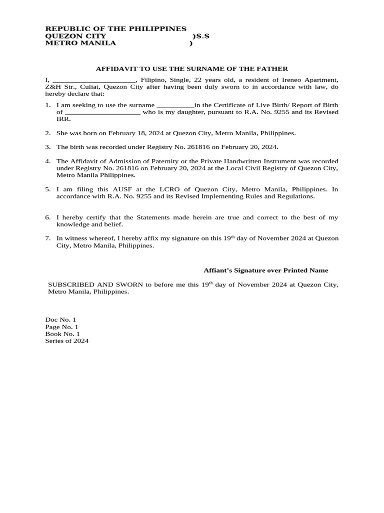 Affidavit To Use The Surname of The Father | PDF