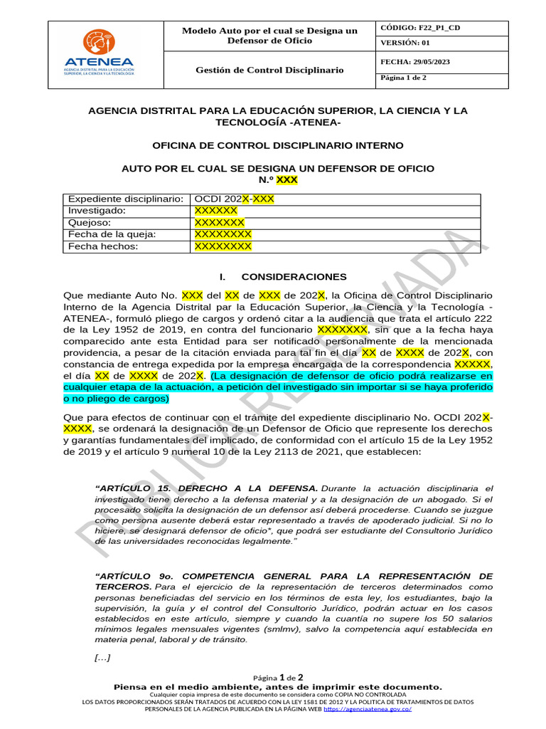 f22 p1 CD Modelo Auto Que Designa Defensor de Oficio 0 | PDF | Defensor público | Gobierno