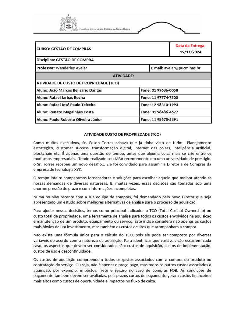 A2 - Atividade - Custo Total de Propriedade TCO_R01 | PDF | Despesa | Investimentos