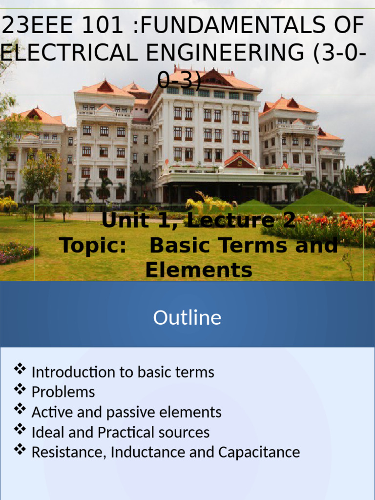 Lect 1 23EEE101 Basic Electrical Terms | PDF | Inductor | Capacitor