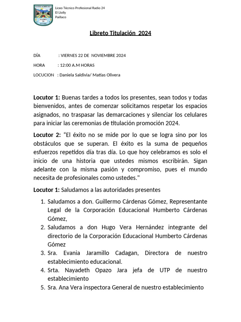 Libreto Titulacion 2024 Okek | PDF | Bailes