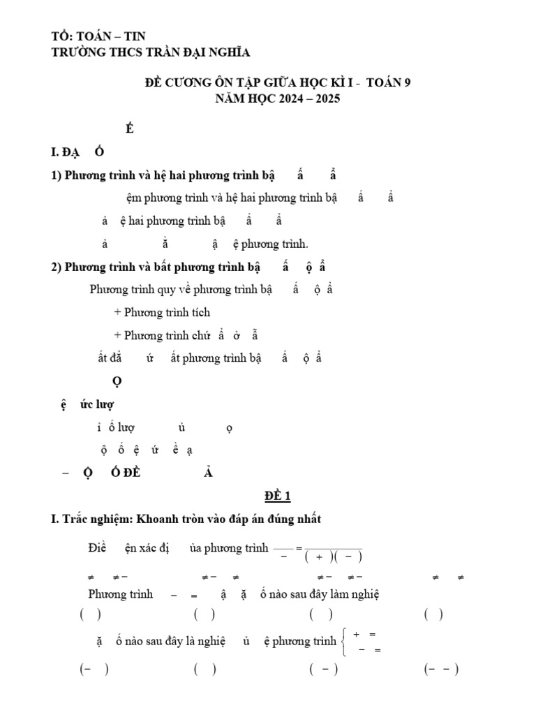 De Cuong Giua Hoc Ki 1 Toan 9 Nam 2024 2025 Truong Thcs Tran Dai Nghia BR VT | PDF