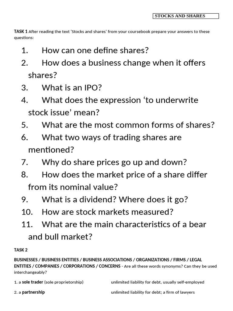 Stocks and Shares (Student) | PDF