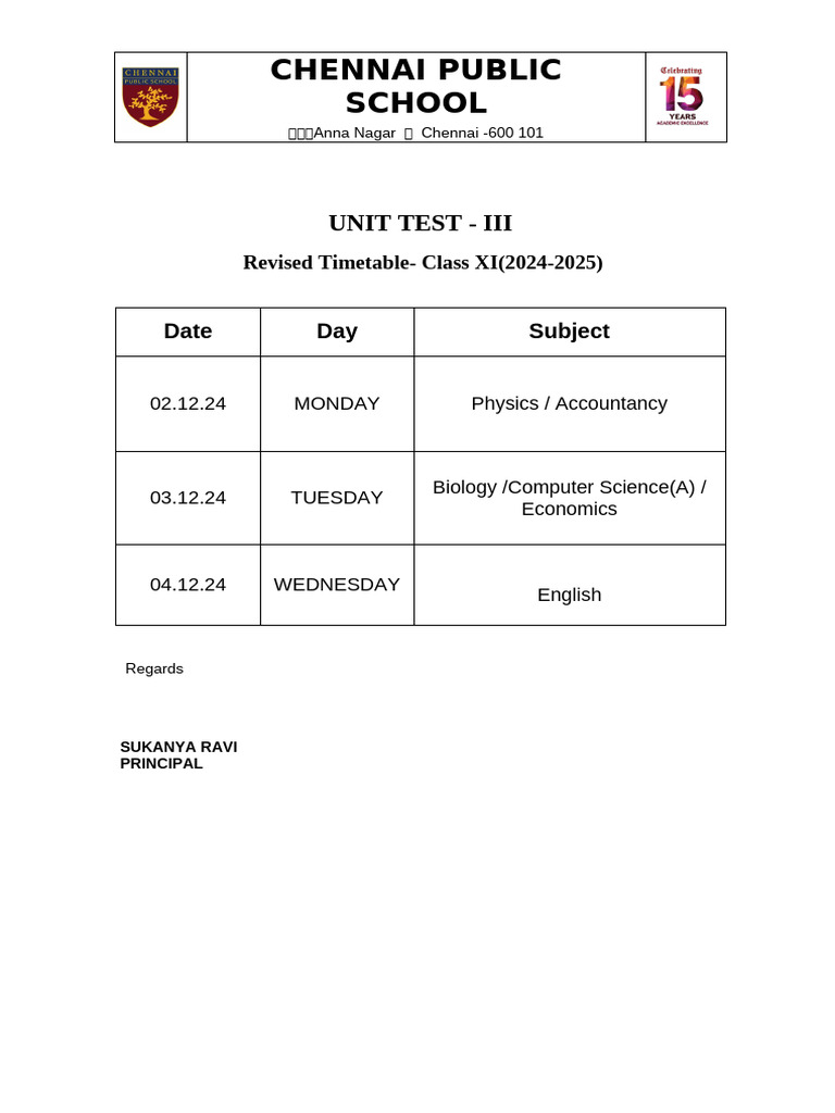 Class 11 Revised Unit Test 3 Timetable | PDF