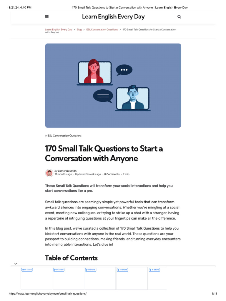 Small Talk Questions To Start A Conversation With Anyone - Learn English Every Day | PDF ...