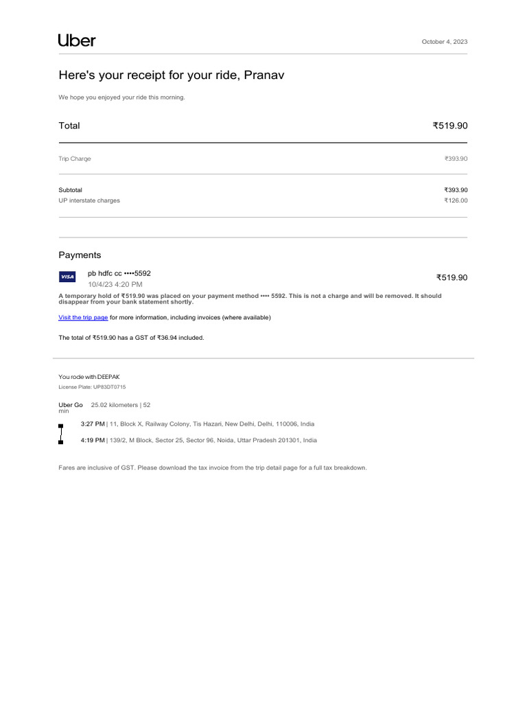 Uber Ride Receipt for Pranav - Oct 2023 | PDF