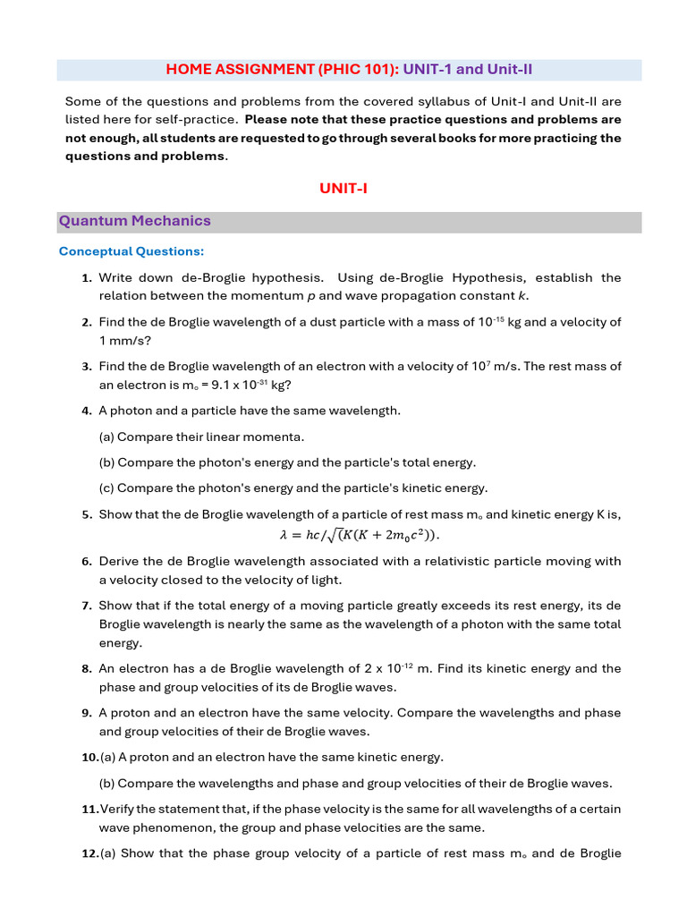 HOME ASSIGNMENT (Unit-I and Unit-II) | PDF | Electron | Crystal Structure
