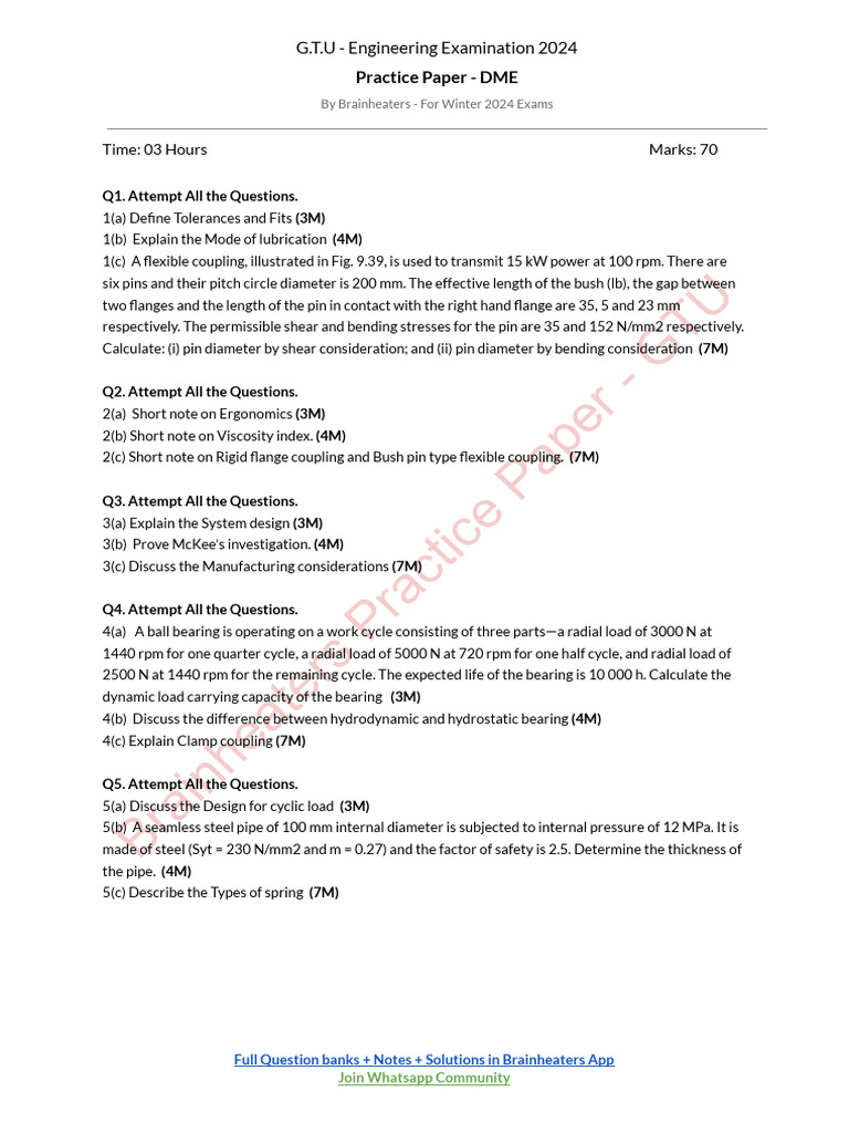 DME Mech Sem7 Practise Paper | PDF | Mechanical Engineering | Applied And Interdisciplinary Physics