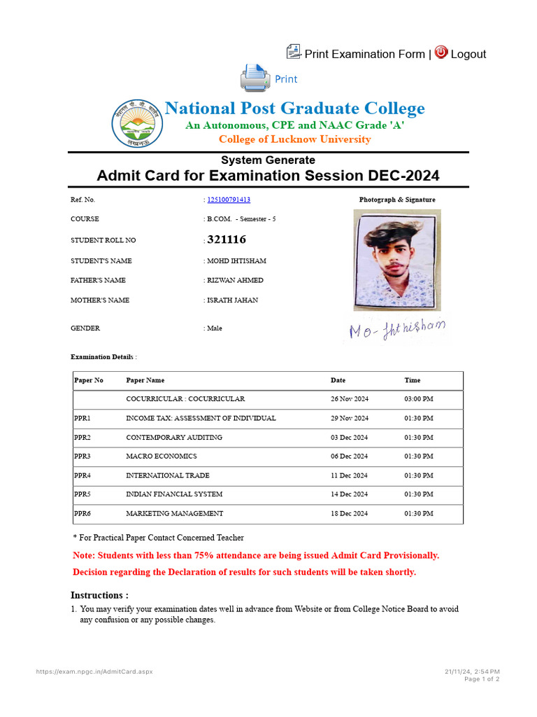 Examination Form NPGC | PDF