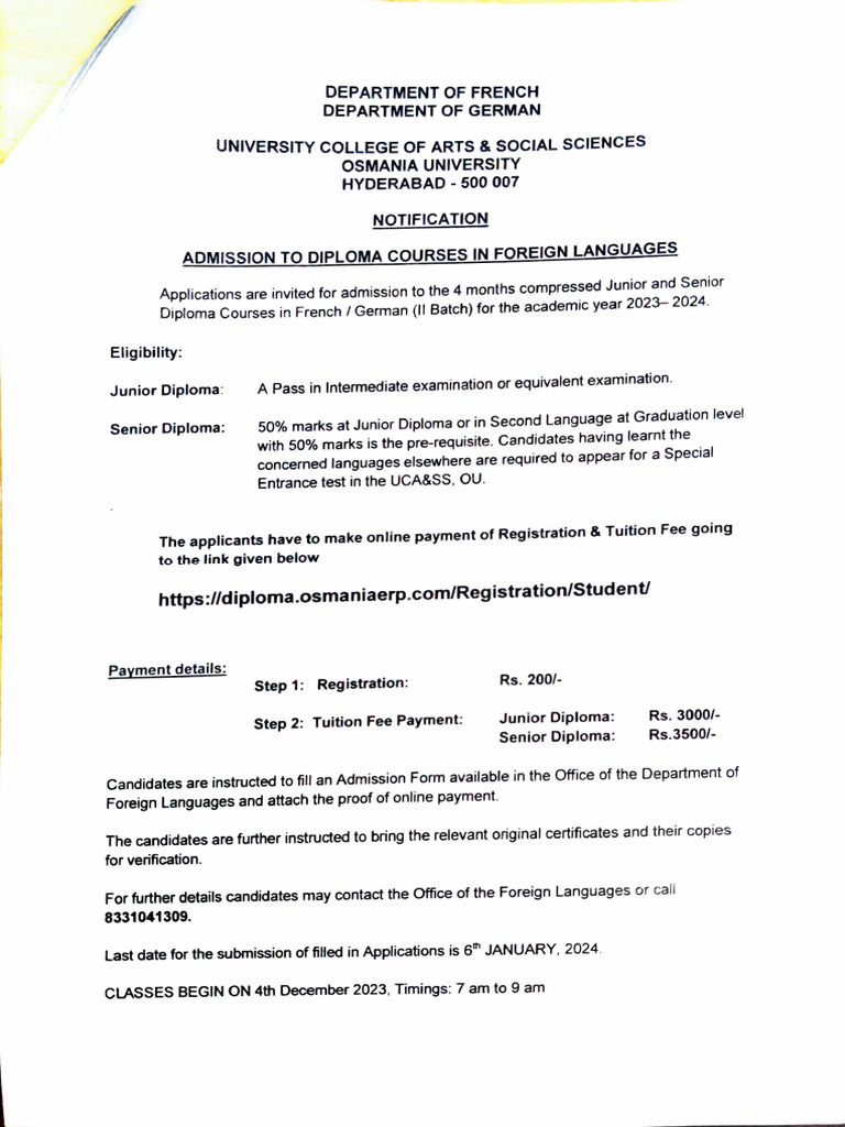 Osmania University Foreign Language Admissions | PDF | Educational Stages | Qualifications