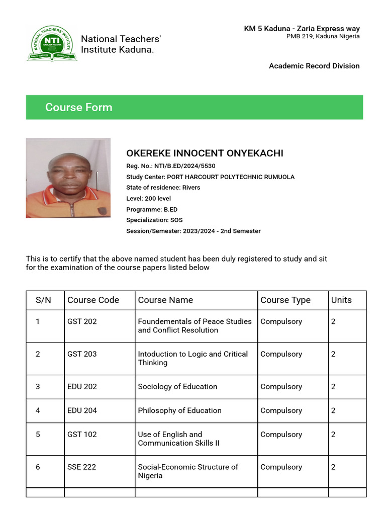 INNOCENT OKEREKE NTI Course Form | PDF | Liberal Arts Education