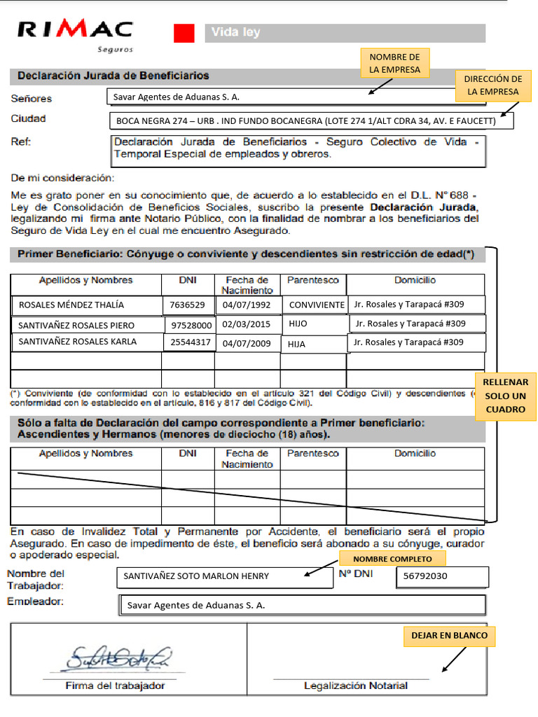 Ejemplo de Rellenado - Vida Ley | PDF