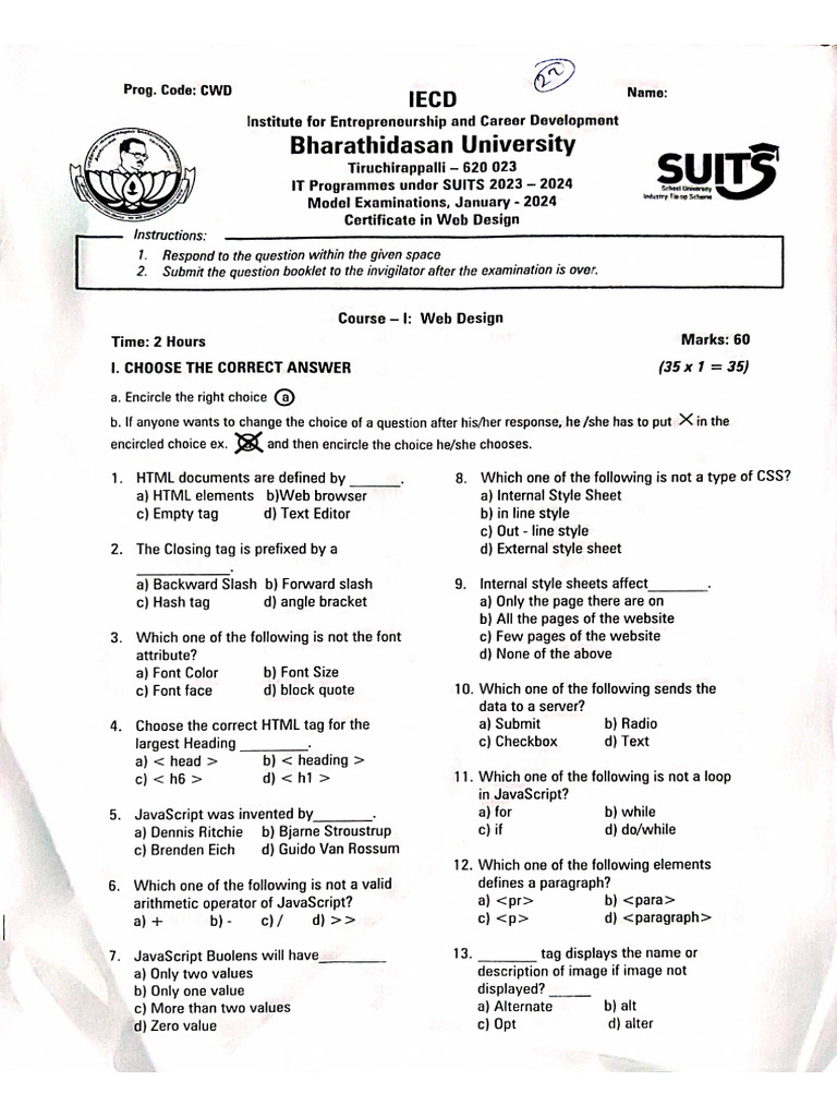 Model Examination QP For Sample | PDF