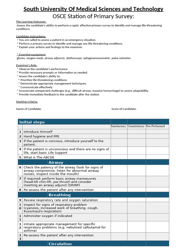 Primary Survey OSCE Assessment Guide | PDF | Hypothermia | Diseases And ...