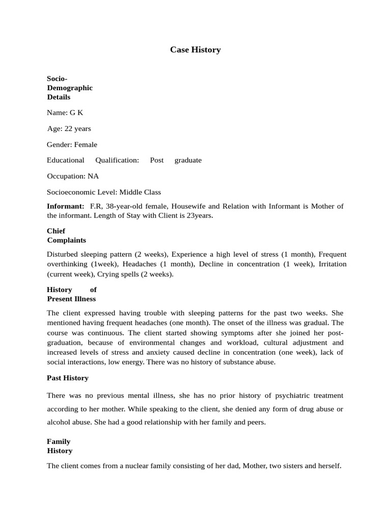 Case History MSE FInal | PDF | Mental Disorder | Sleep Disorder