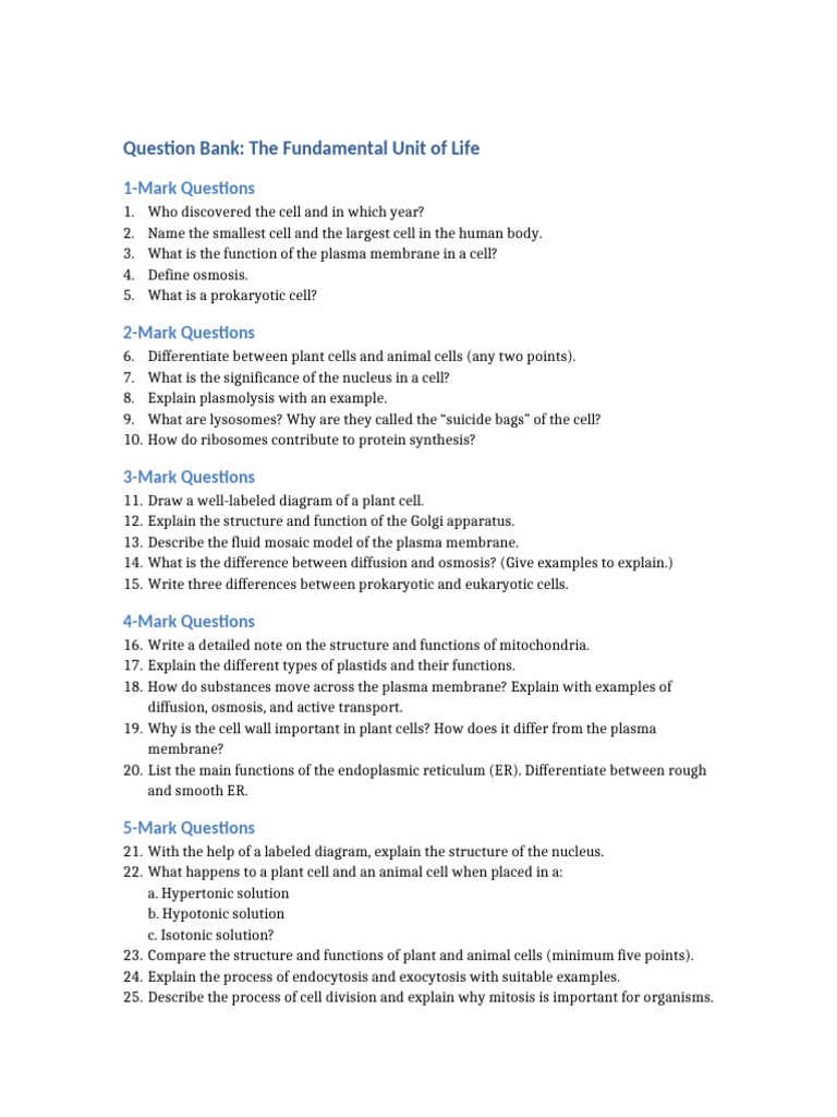 Fundamental Unit of Life Question Bank (1) | PDF