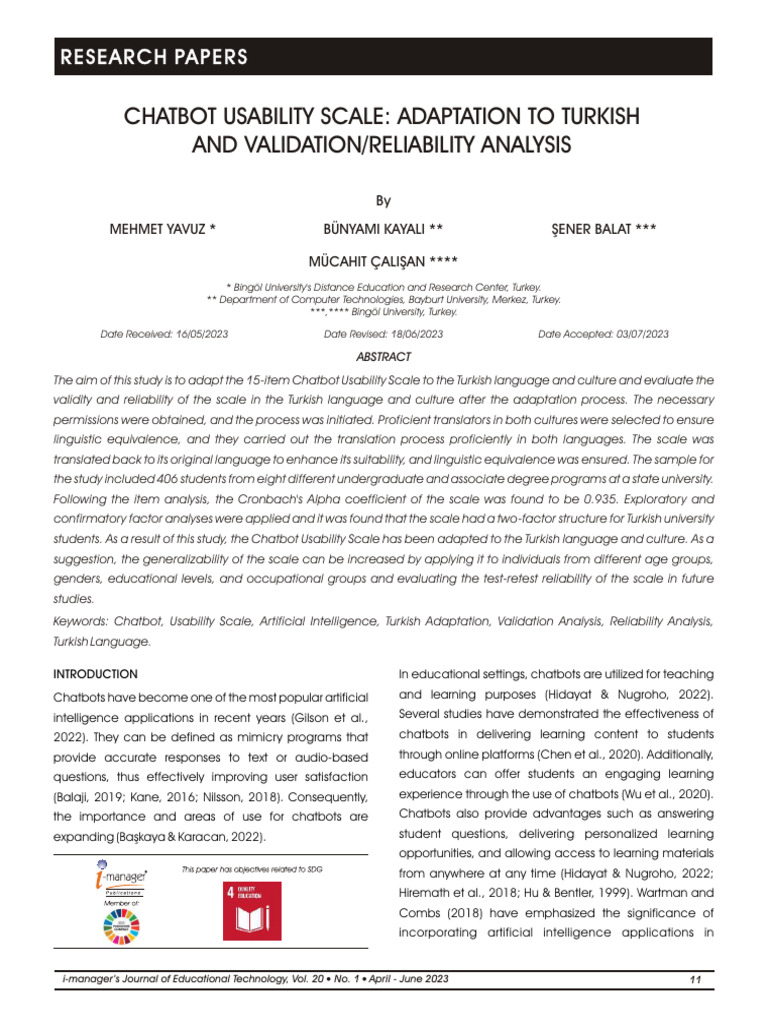 Turkish Adaptation of Chatbot Usability Scale | PDF | Educational ...