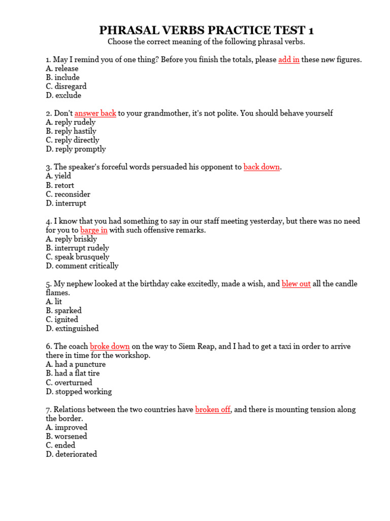PHRASAL VERBS PRACTICE TEST 1 | PDF