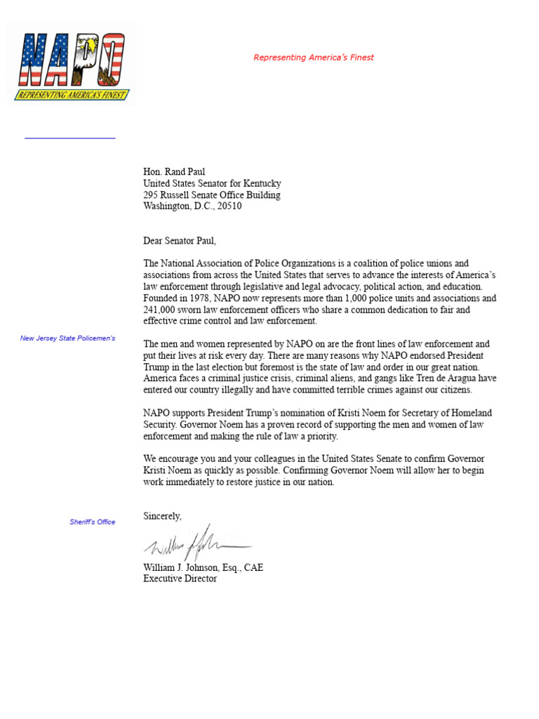 NAPO Letter Re: Kristi Noem | PDF | Government | Politics Of The United ...