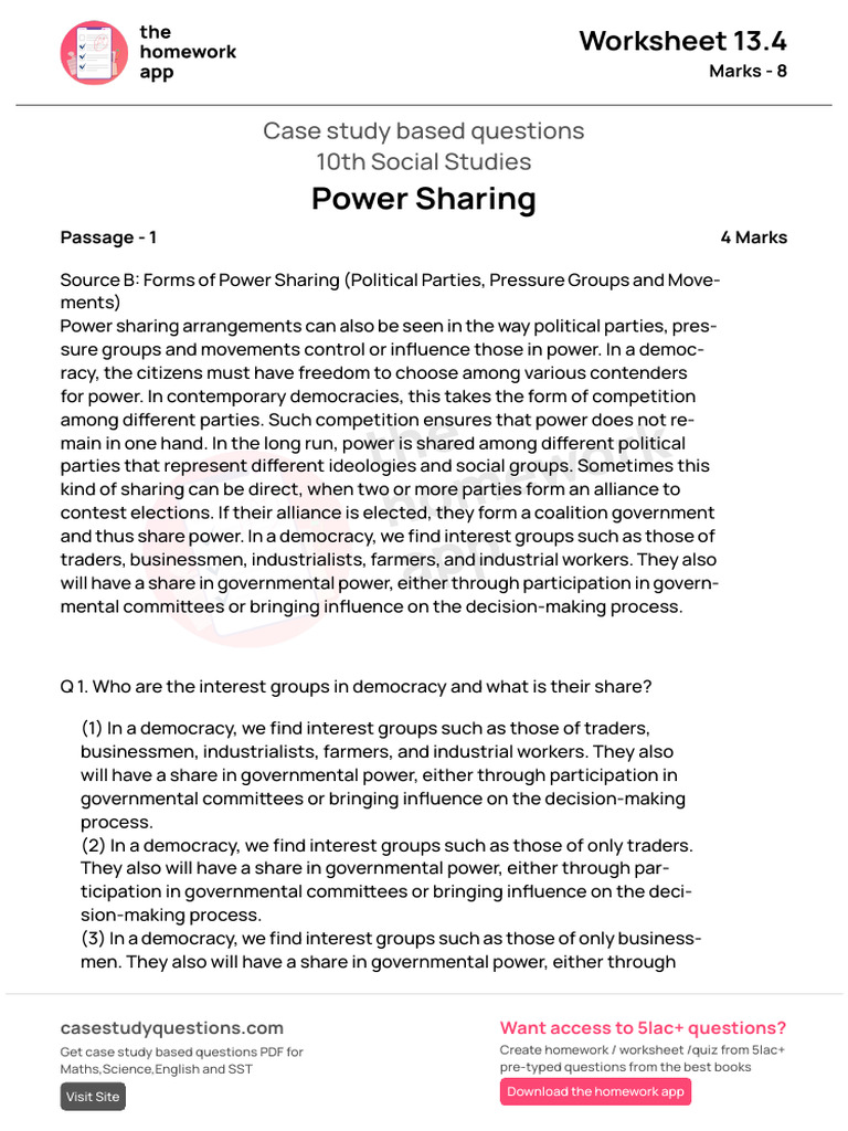 Power Sharing Worksheet for Class 10 | PDF | Government | Forms Of ...