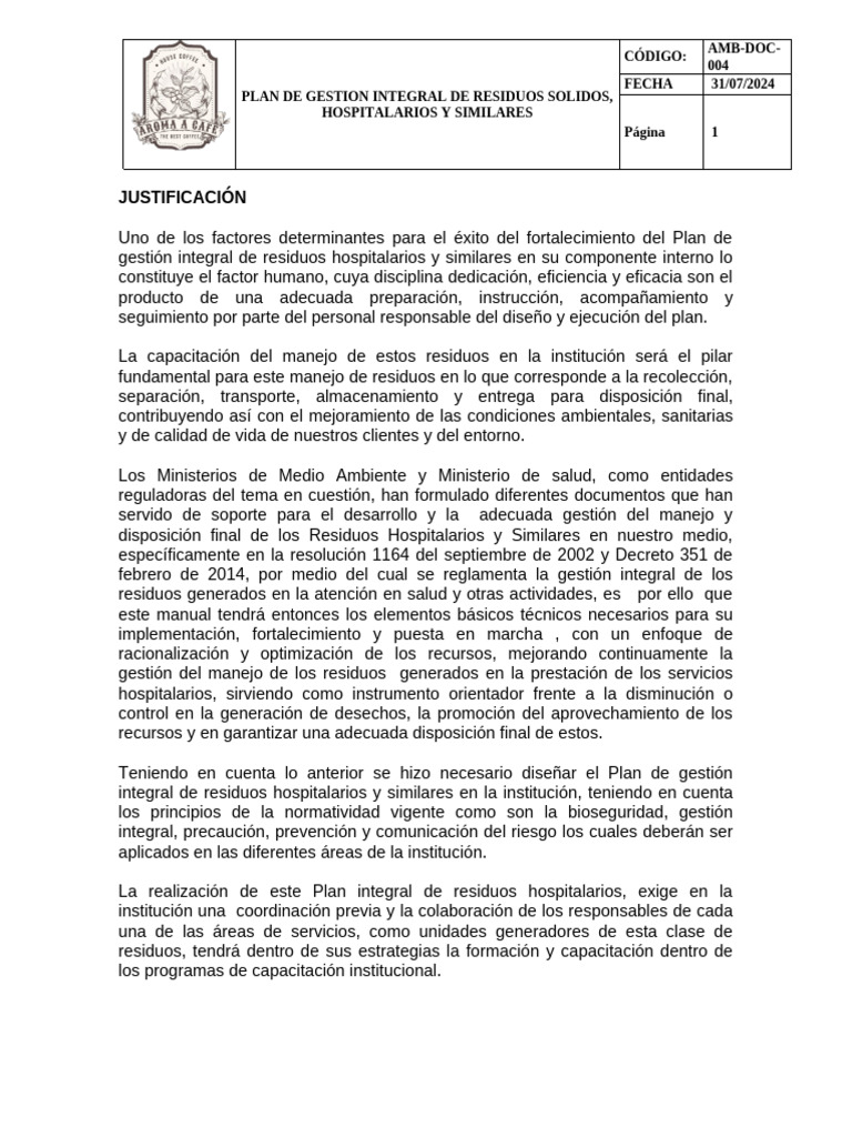 Plan de Gestion Integral de Residuos Solidos Hospitalarios y Similares | PDF | Residuos ...