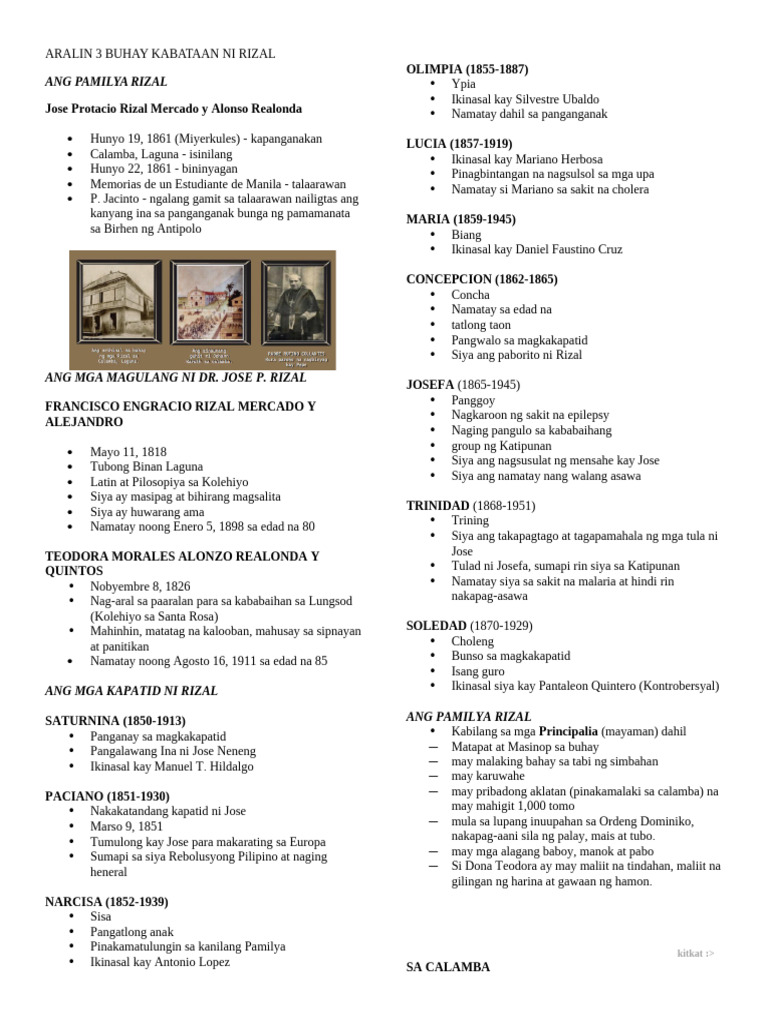 Aralin 3 Buhay Kabataan Ni Rizal | PDF