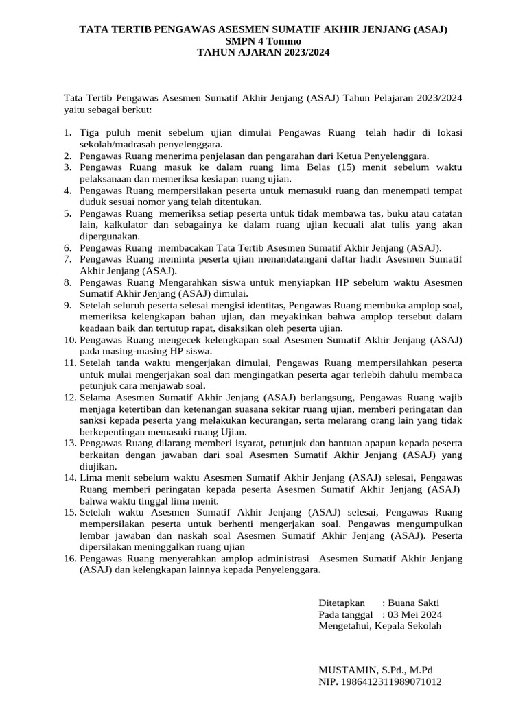 Tata Tertib Pengawas Asesmen Sumatif Akhir Jenjang | PDF