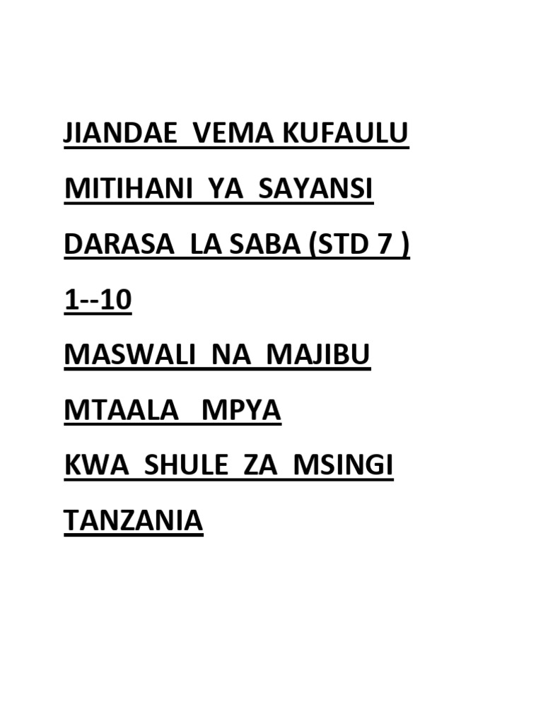 Sayansi Na Teknolojia - Darasa La Saba (STD 7) - Mitihani - 1 - 10 ...