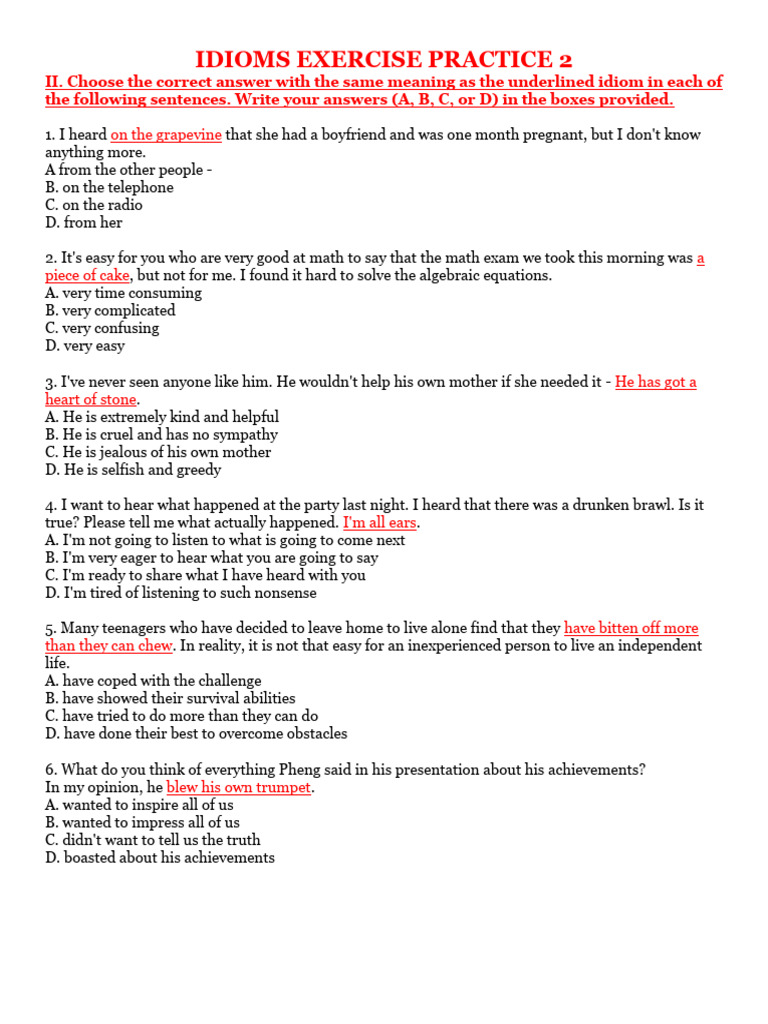 Idioms Exercise Practice 2 | PDF