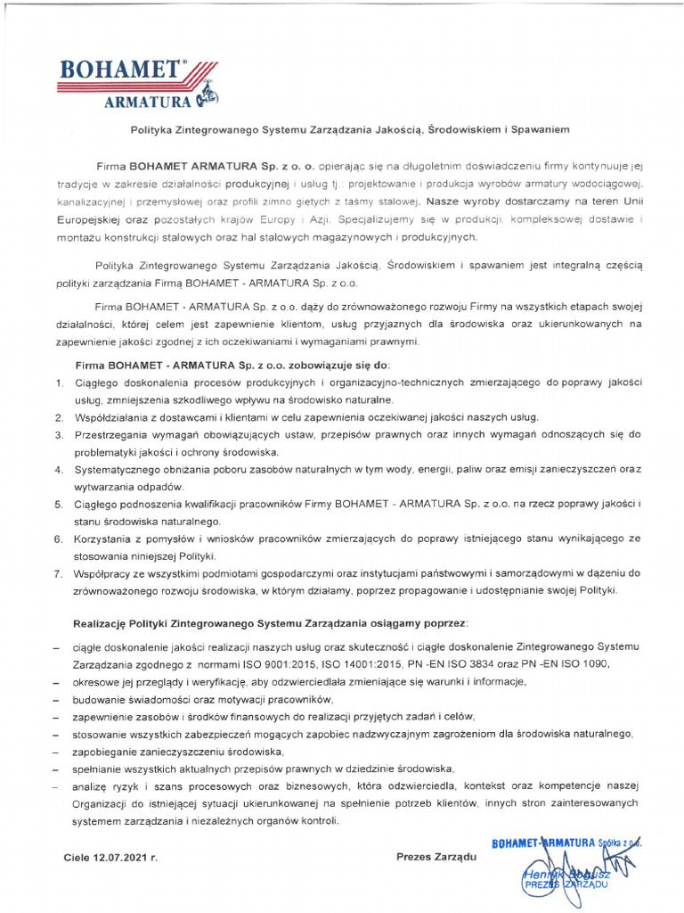 Polityka Zintegrowanego Systemu Zarzadzania Jakoscia I Srodowiskiem | PDF