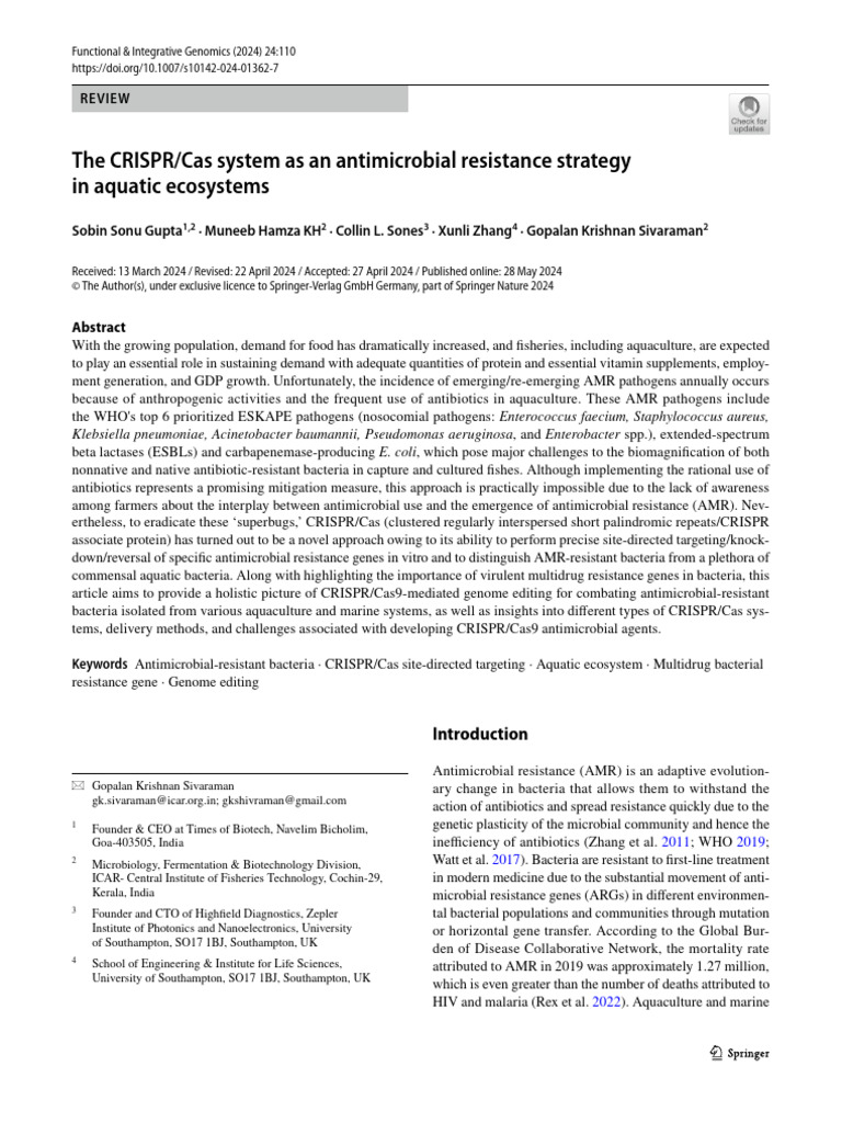 CRISPR/Cas for Aquatic AMR Control | PDF | Antimicrobial Resistance | Staphylococcus Aureus
