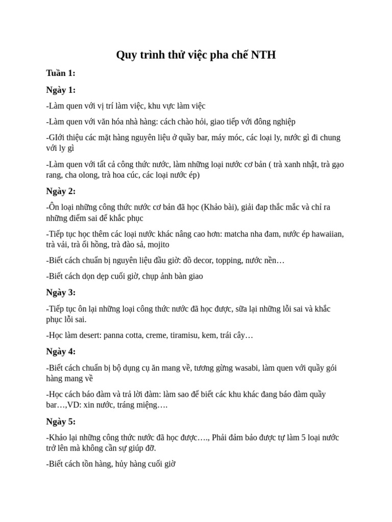 Quy Trình Thử Việc Pha Chế NTH | PDF