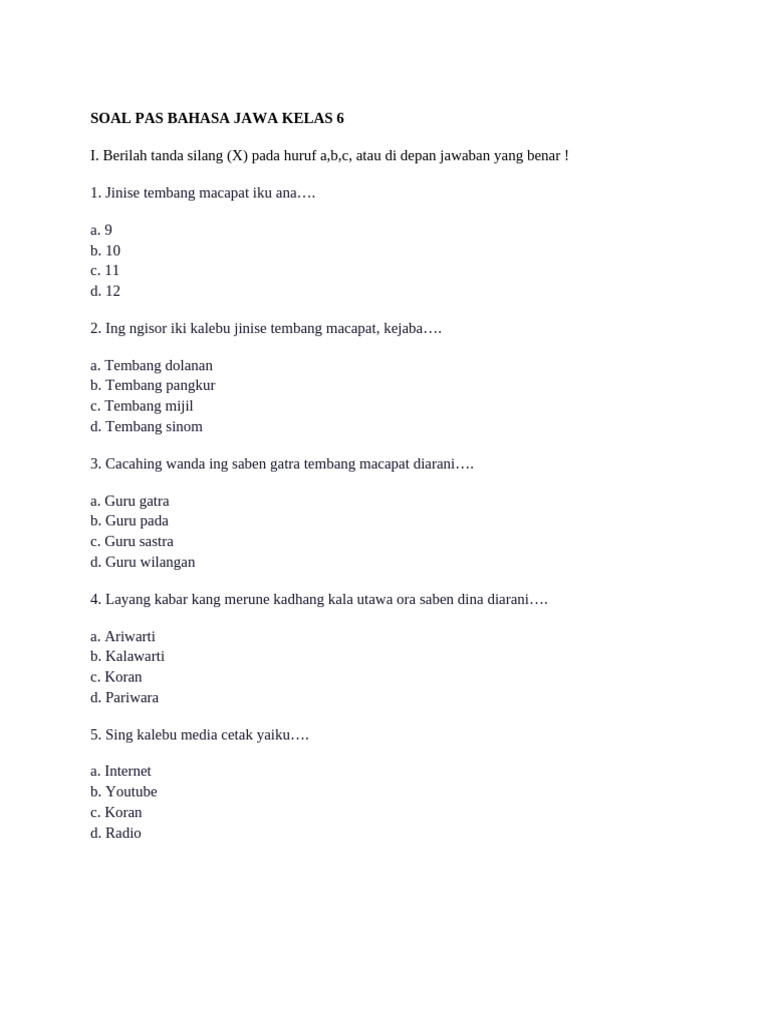 Soal Pas Bahasa Jawa Kelas 6 | PDF