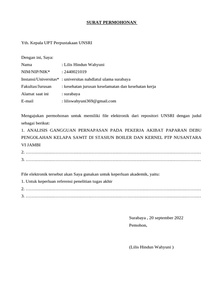 Surat Permohonan File Elektronik Repositori UNSRI | PDF