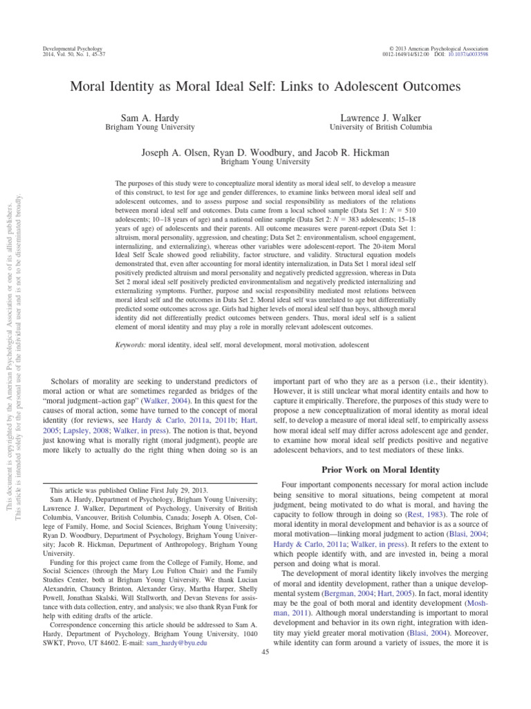 Moral Identity As Moral Ideal Self - Links To Adolescent Outcomes | PDF ...