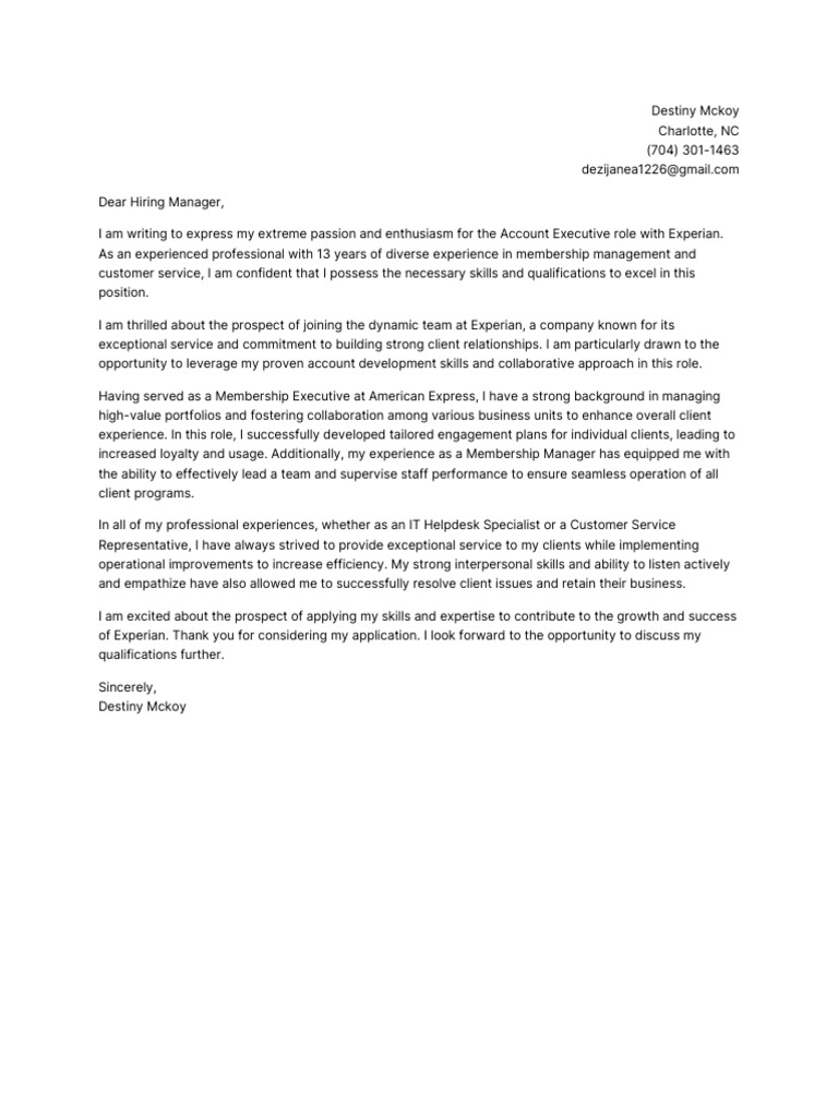 Account Executive Cover Letter for Experian | PDF