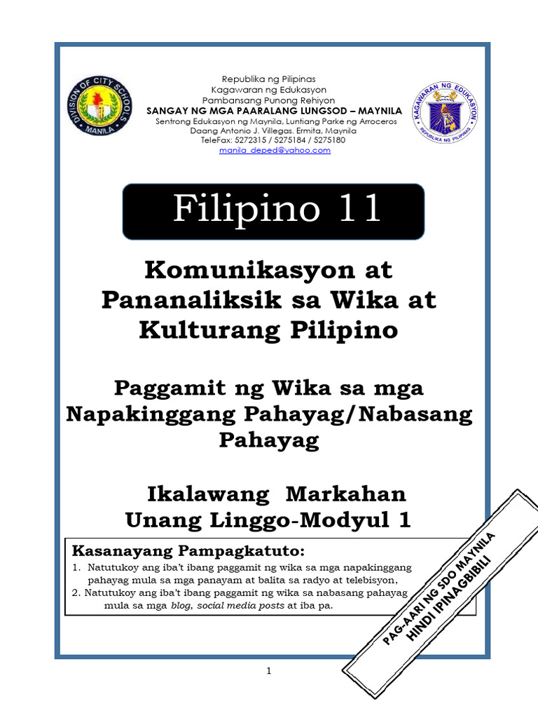 FILIPINO-11 Q2 Mod1 Komunikasyon | PDF