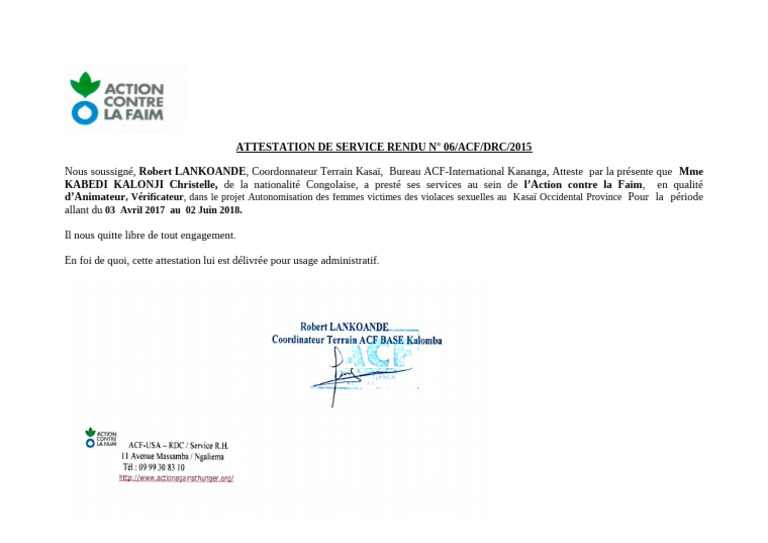 Attestation de Service Rendu ACF 2015 | PDF