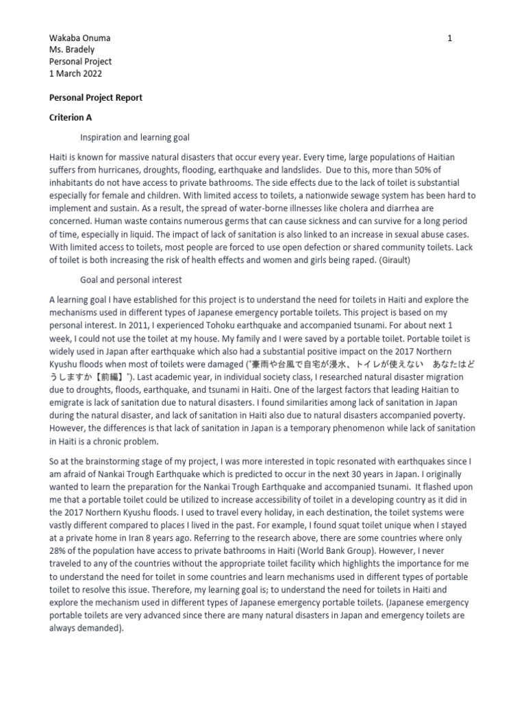 Personal Project Report Final L7 | PDF | Toilet | Sanitation