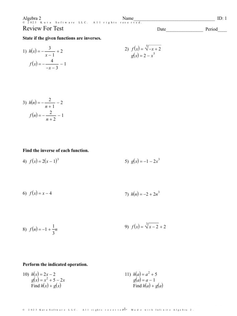 Review For Algebra 2 Test | PDF