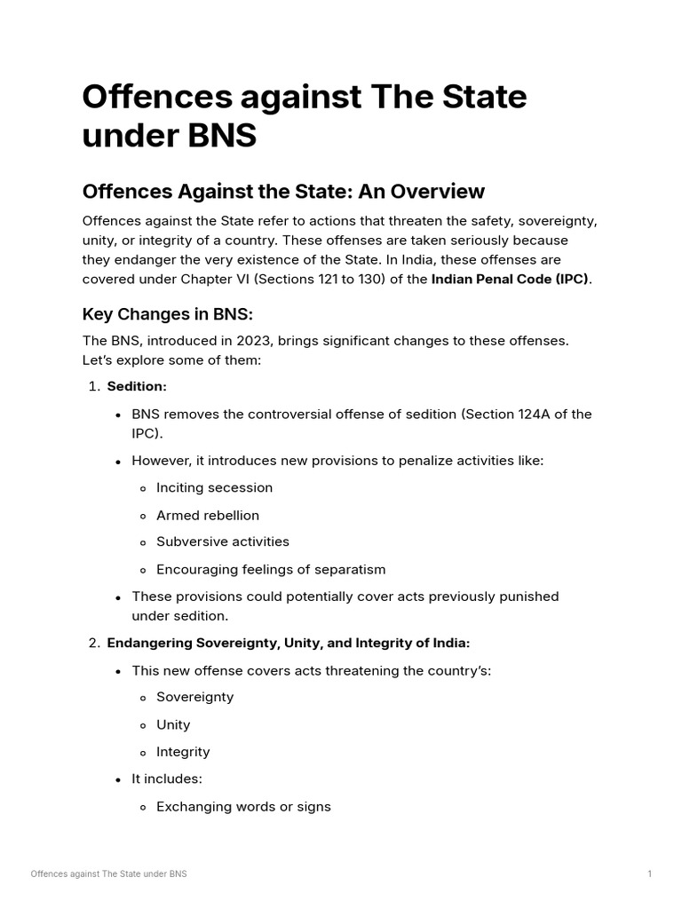 Offences Against the State in BNS | PDF | Treason | Crimes