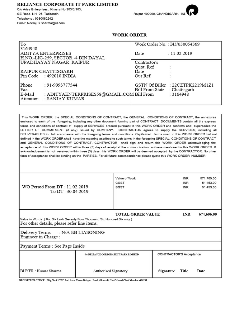 630054369 work order | PDF | Arbitration | Indemnity