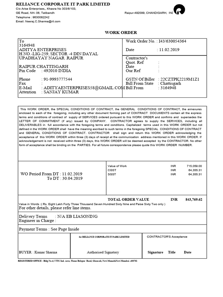 630054364 work order | PDF | Arbitration | Legal Liability