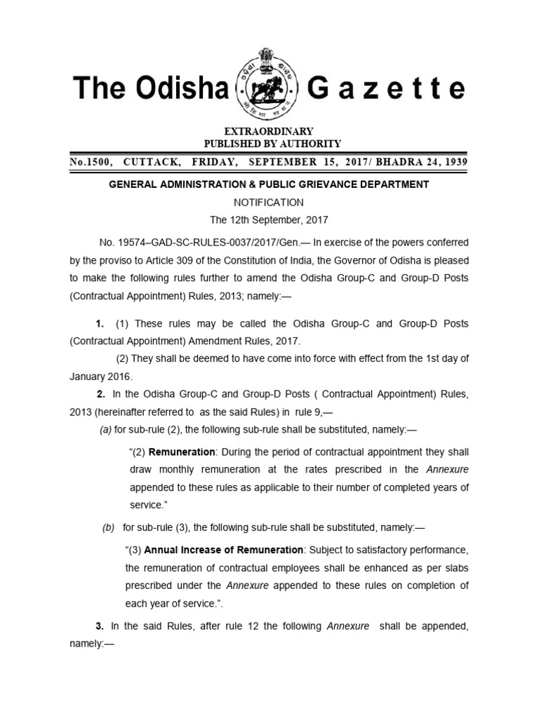 Odisha Group-C and Group-D Posts (Contractual Appointment) Amendment ...
