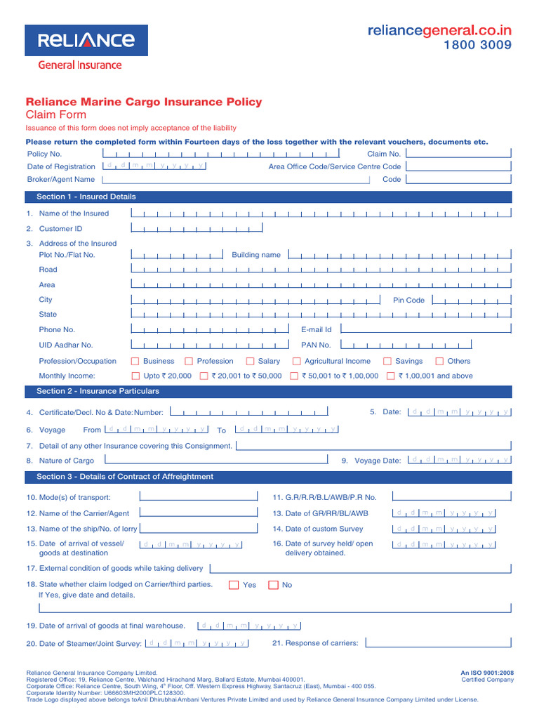 Reliance General Marine Open Insurance Policy Claim Form PDF 1622740877 ...