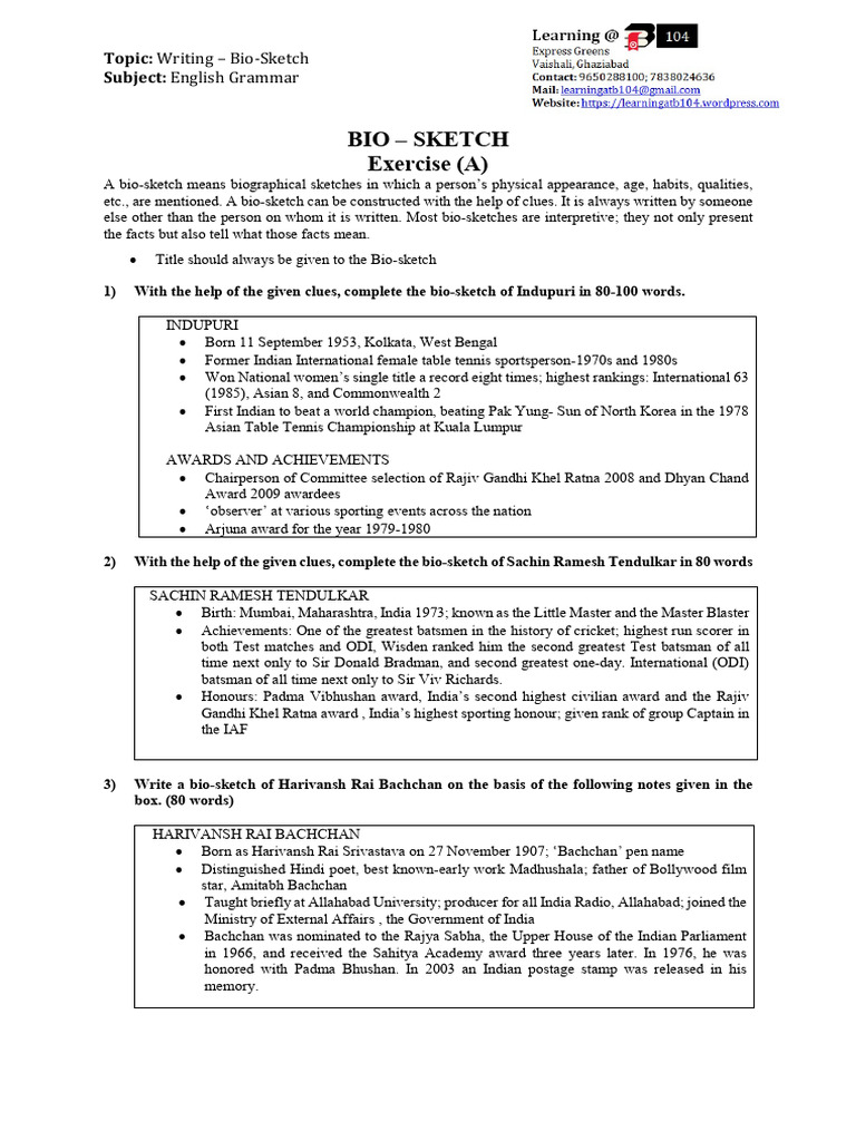 Bio Sketch Writing Exercise A | PDF | Cricket