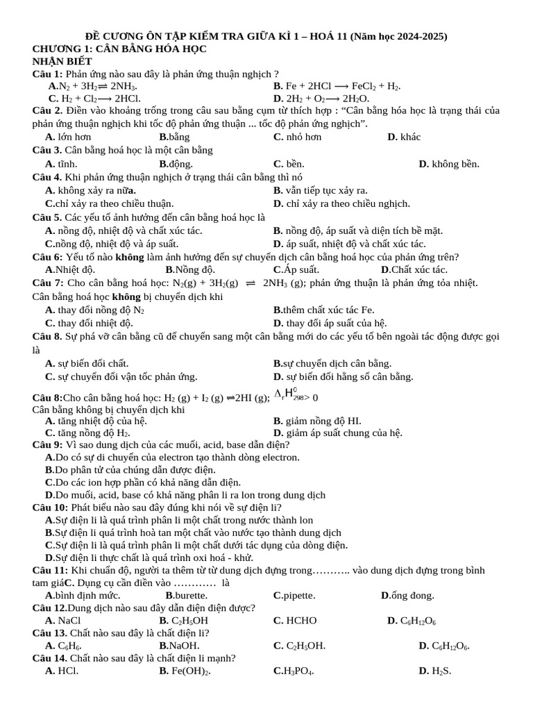 ĐỀ CƯƠNG GK 1-K11- HS - HÓA HỌC 11A5 | PDF