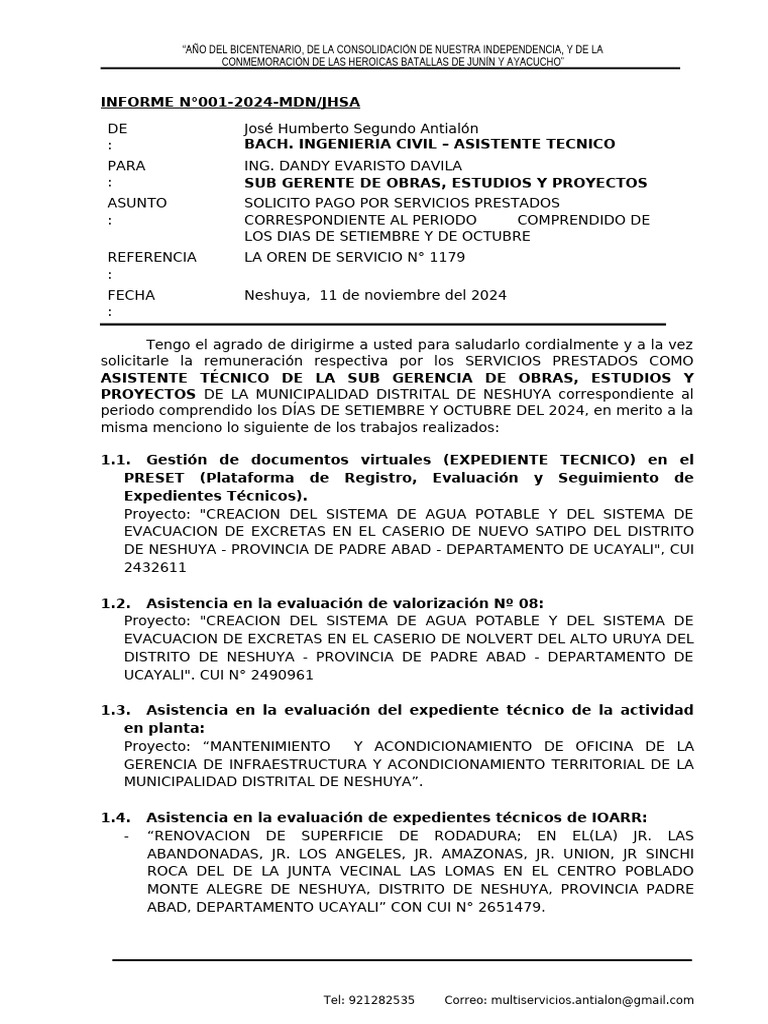 INFORME N 001-2024-MDN-JHSA | PDF